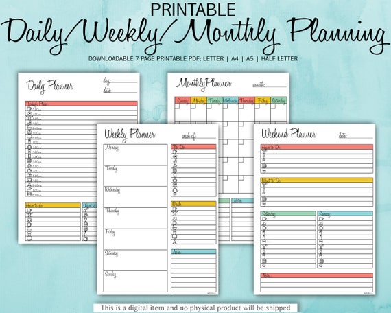 Daily Weekly Weekend Monthly Planner Bundle Printable A4 | Etsy
