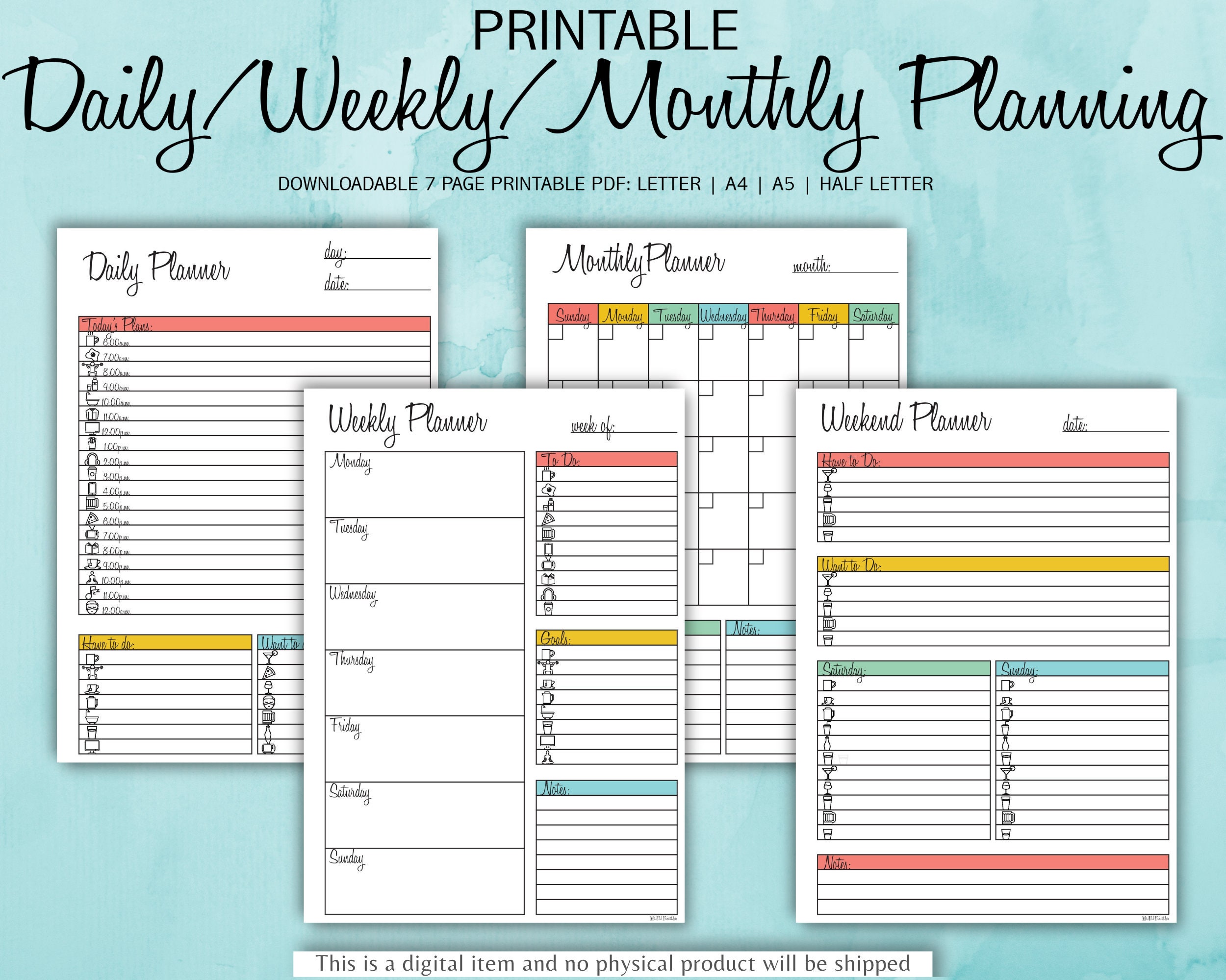 Daily Weekly Weekend Monthly Planner Bundle Printable A4 | Etsy