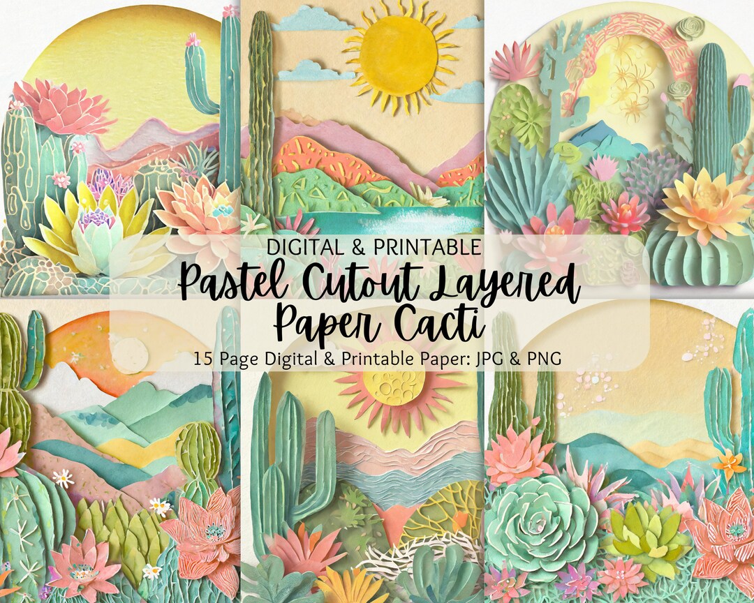 Pastel Cacti Cutout Layered Paper | Digital Paper Pack | Cactus ...