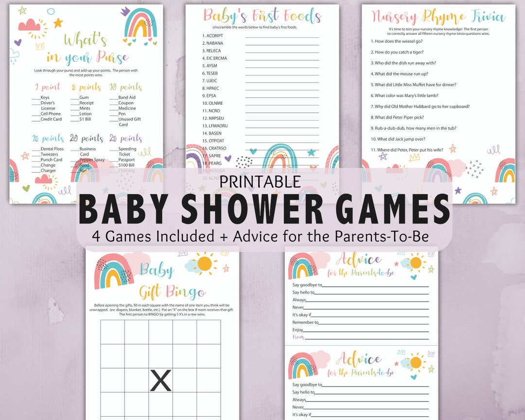 Rainbow Baby Shower Games | Printable Baby Shower Trivia | Gender ...