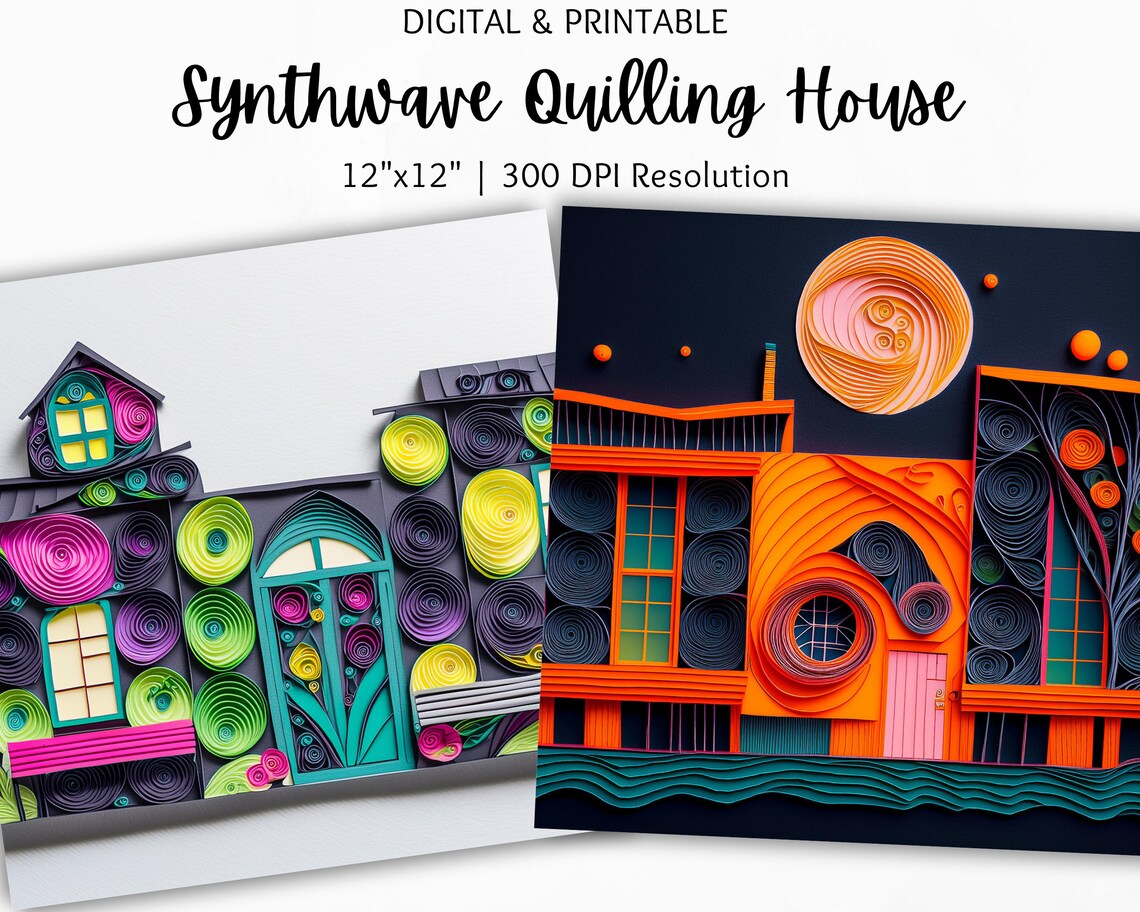 Synthwave Quilling Mid Century Houses Paper Art | Digital Downloads ...
