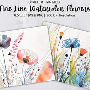 Fine Line Watercolor Flowers Digital Paper Pack | Commercial Use ...