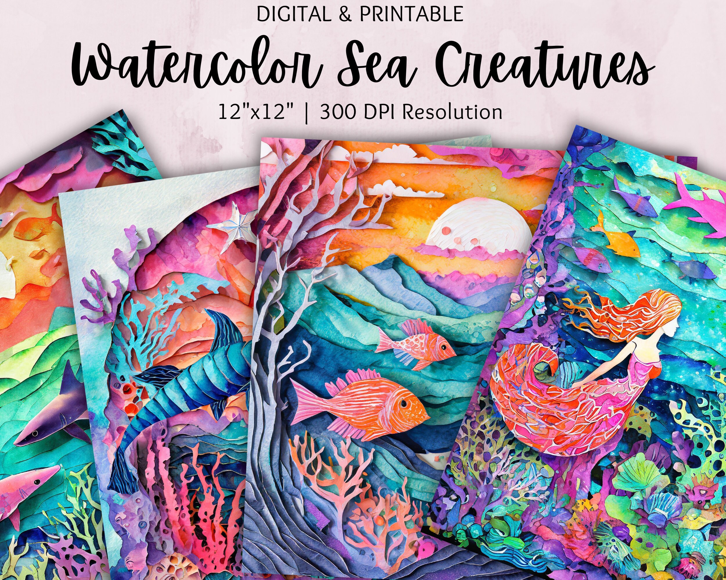 Watercolor Sea Creatures Paper Ocean Digital Paper Pack Commercial Use ...