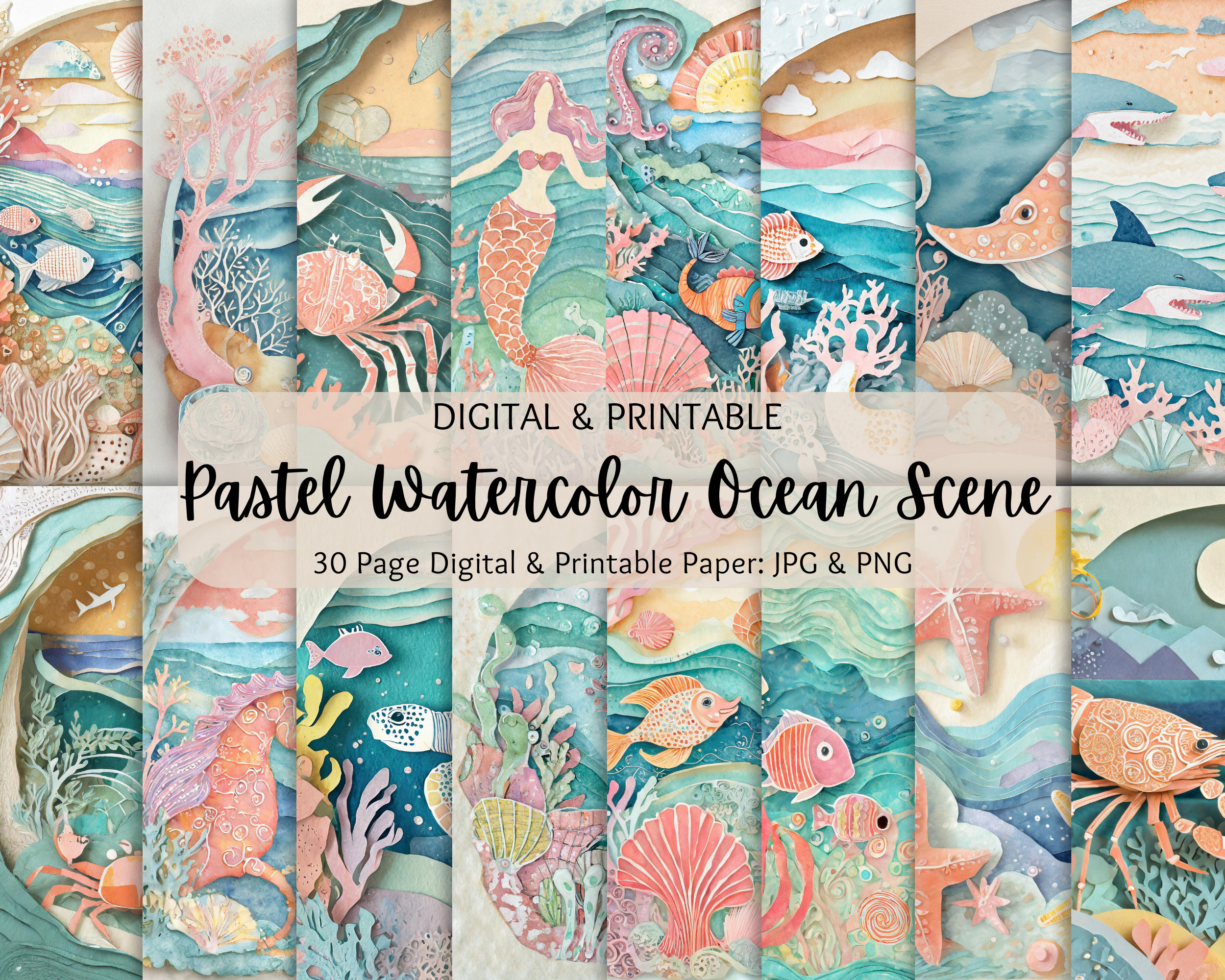 Pastel Watercolor Ocean Scene Paper | Ocean Digital Paper Pack ...