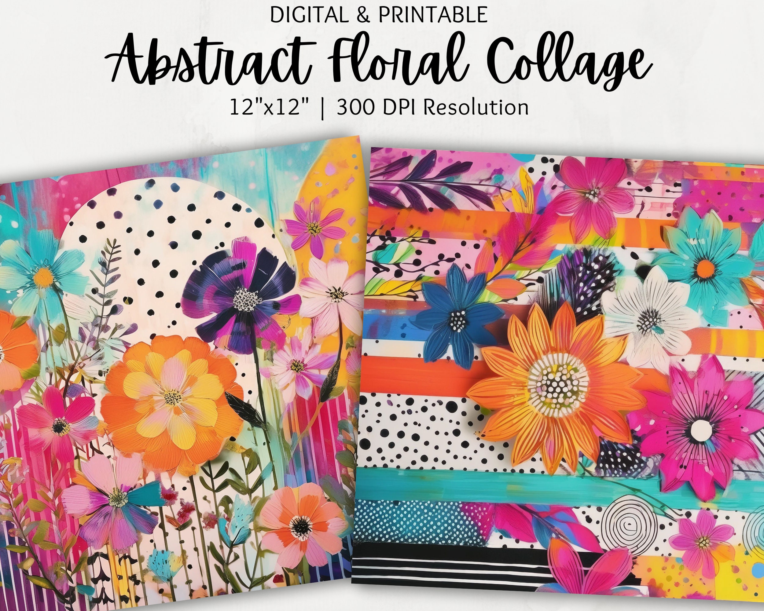 Abstract Mixed Media Vibrant Flower Collage | Digital Paper ...