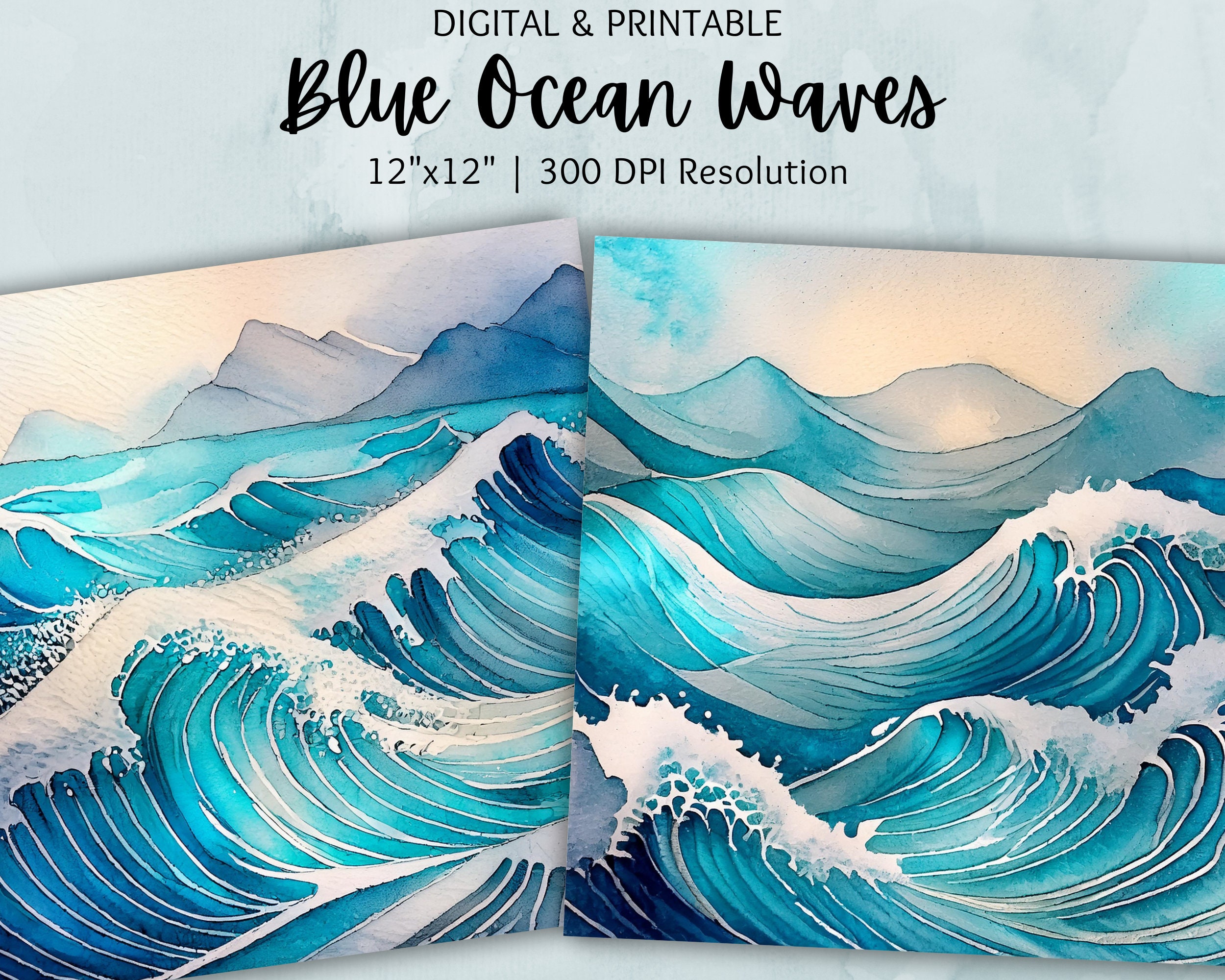 Watercolor Blue Ocean Waves Digital Paper | Watercolor Texture ...