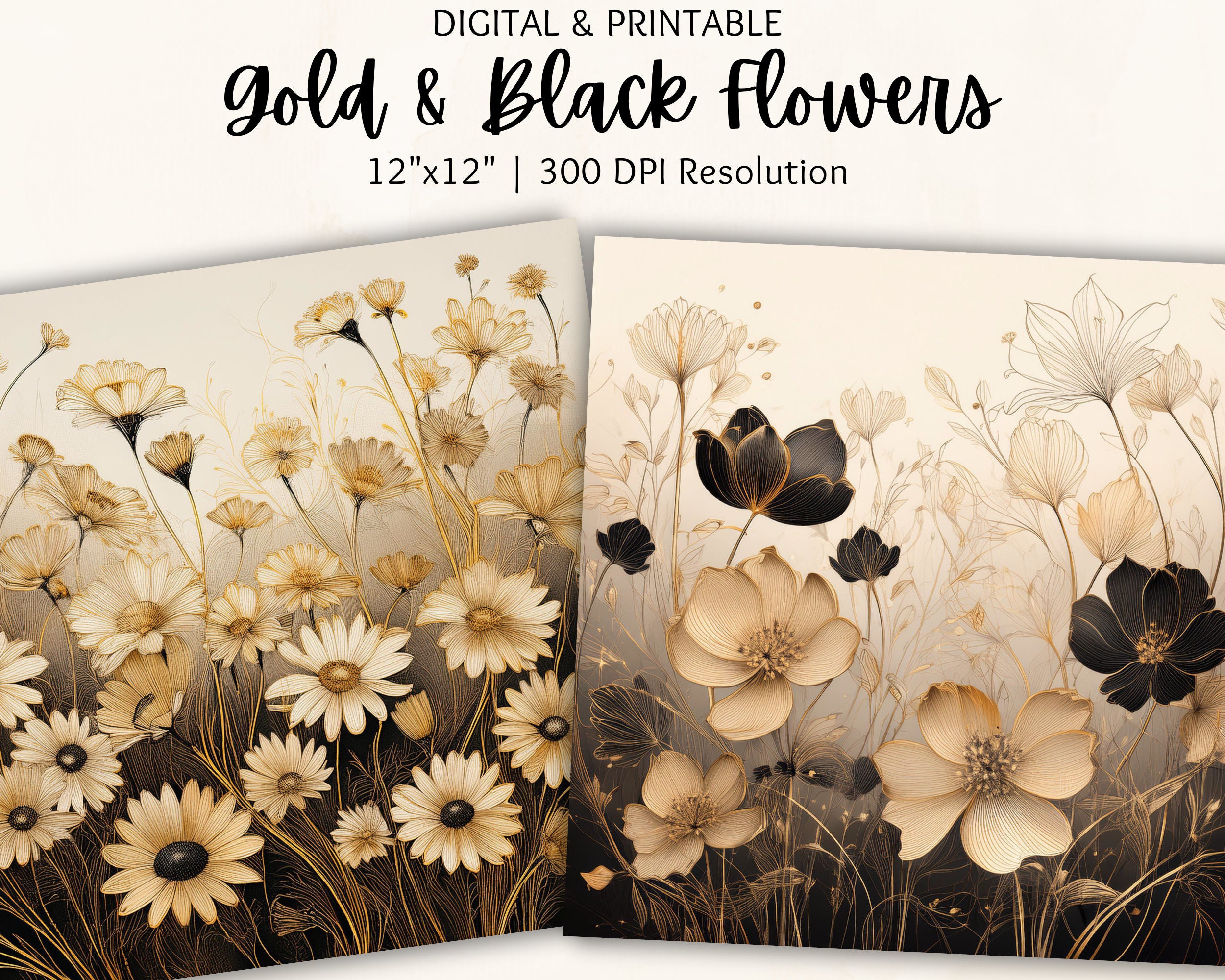 Gold, Ivory, & Black Watercolor Flowers Digital Paper Pack | Watercolor ...