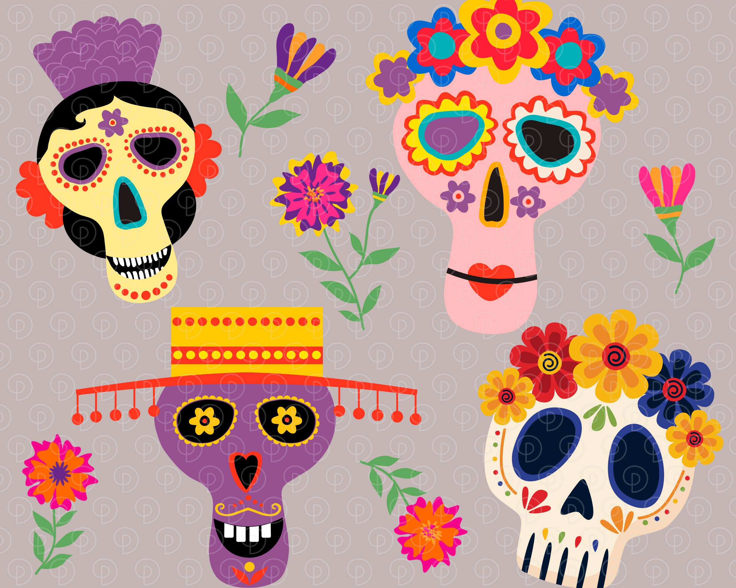 Floral Sugar Skull Clipart | Day of the Dead Clip Art | Dia De Los ...