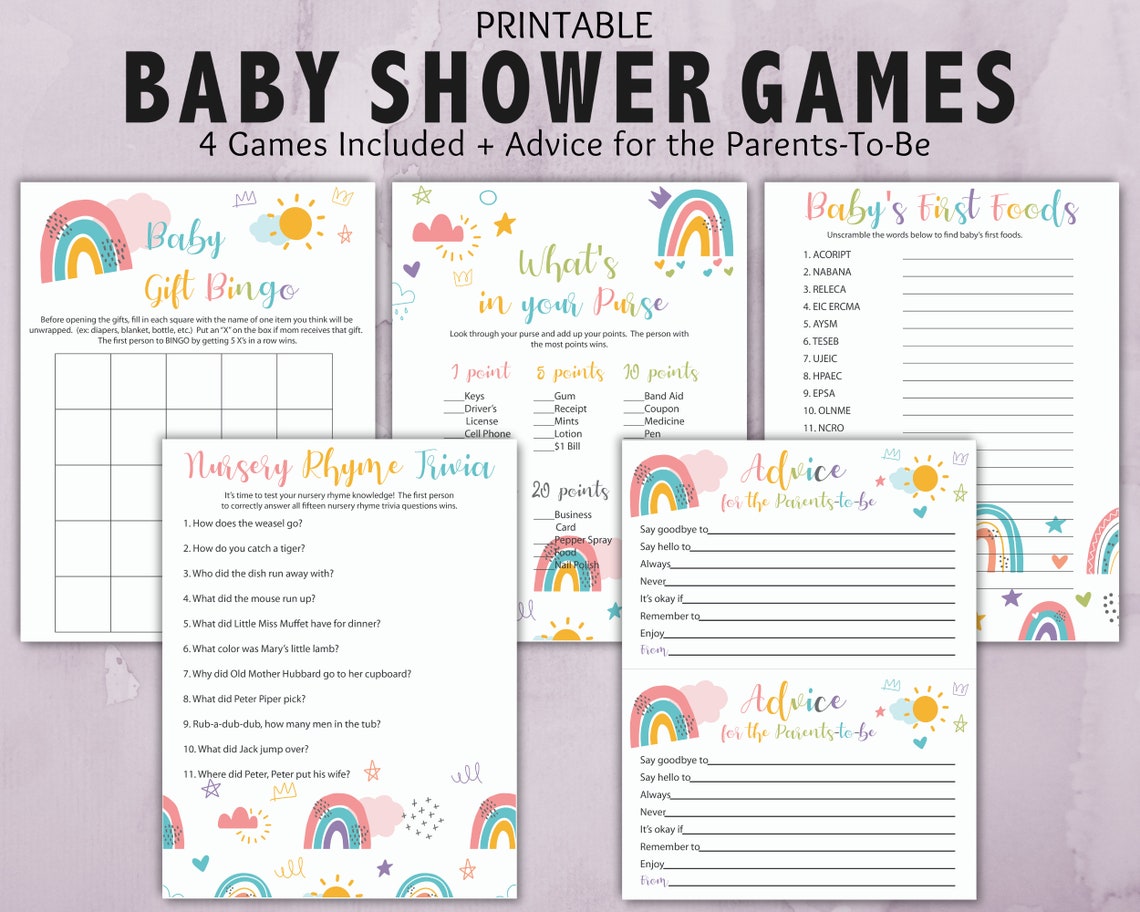 Rainbow Baby Shower Games Printable Baby Shower Trivia Gender Neutral ...