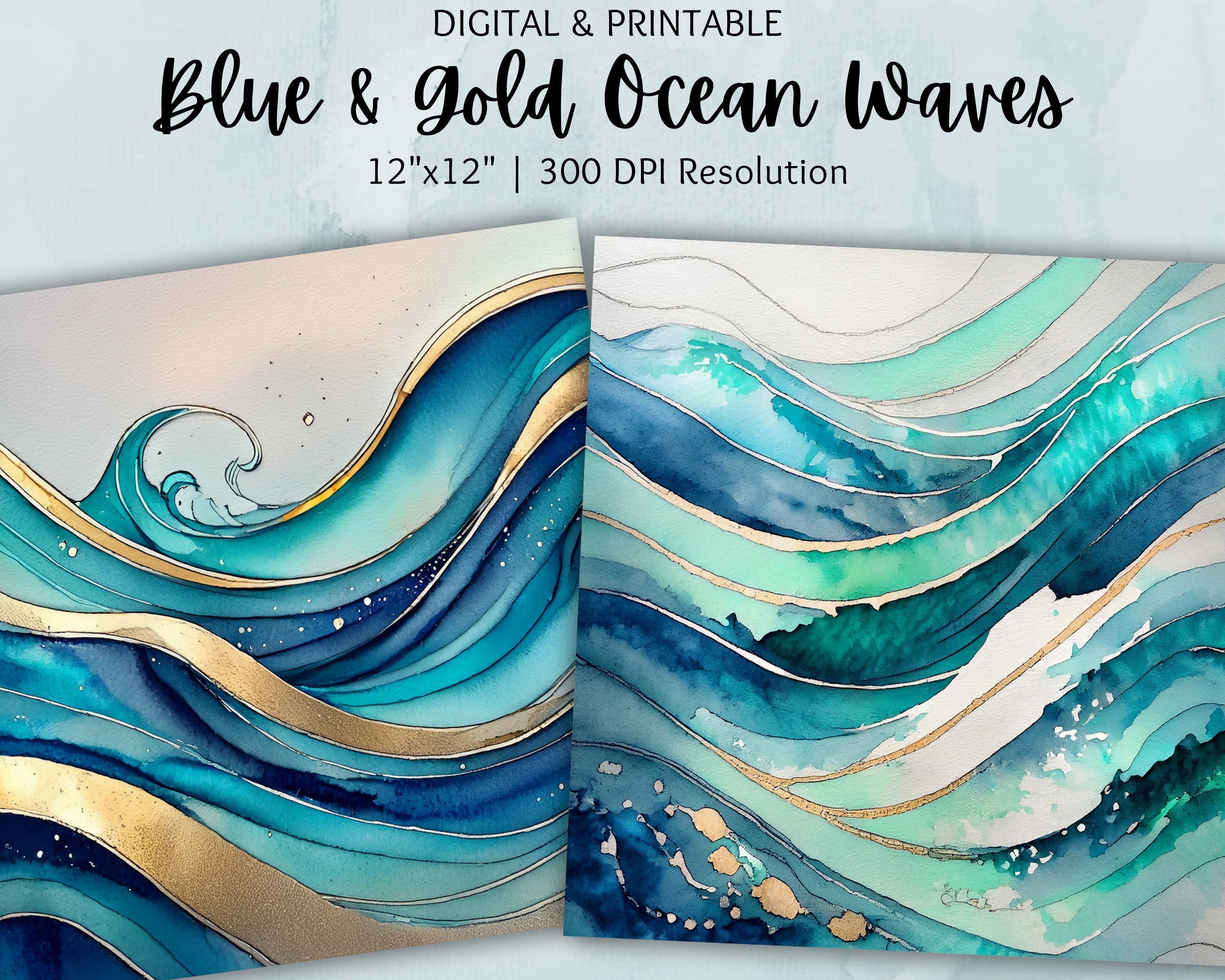 Ocean Waves Digital Paper | Blue & Gold Metallic Watercolor Ocean Waves ...