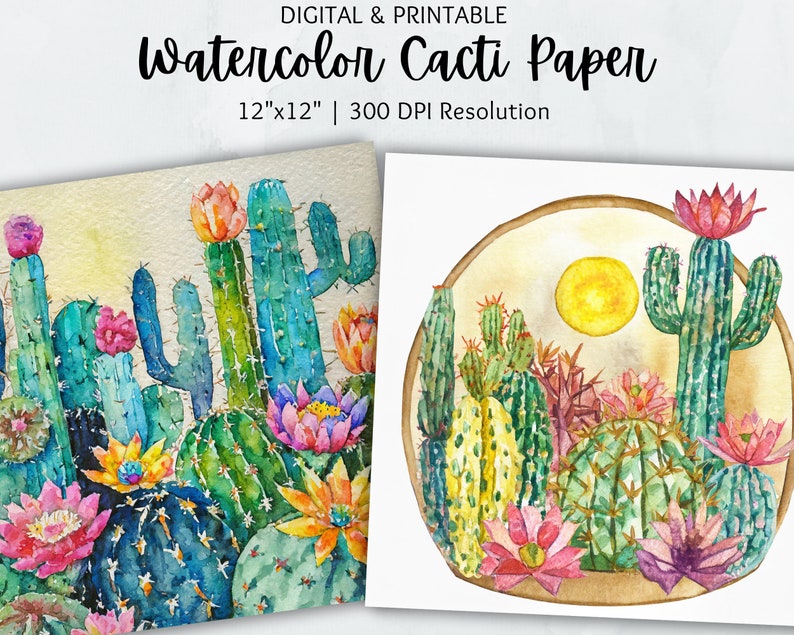 Watercolor Cacti Digital Paper Pack | Watercolor Cactus Backgrounds ...