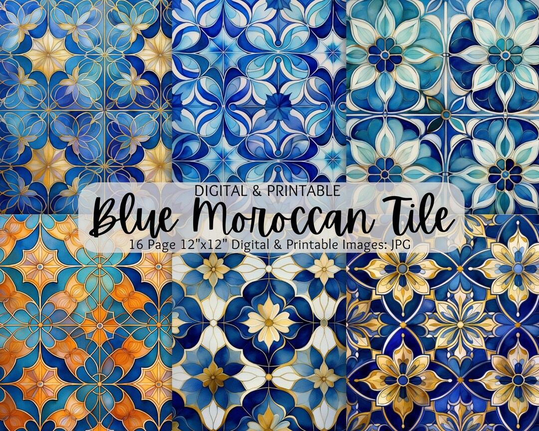 Blue Moroccan Tiles Seamless Digital Paper Pack | Digital Backgrounds ...