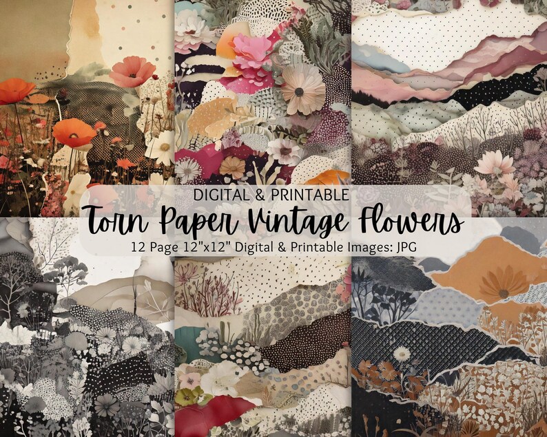 Torn Paper Vintage Flowers | Deckle Paper Flower | Floral Background ...