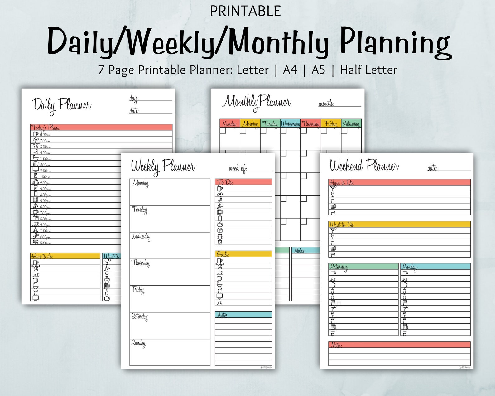 Daily, Weekly, Weekend, Monthly Planner Bundle Printable A4, A5, Letter ...