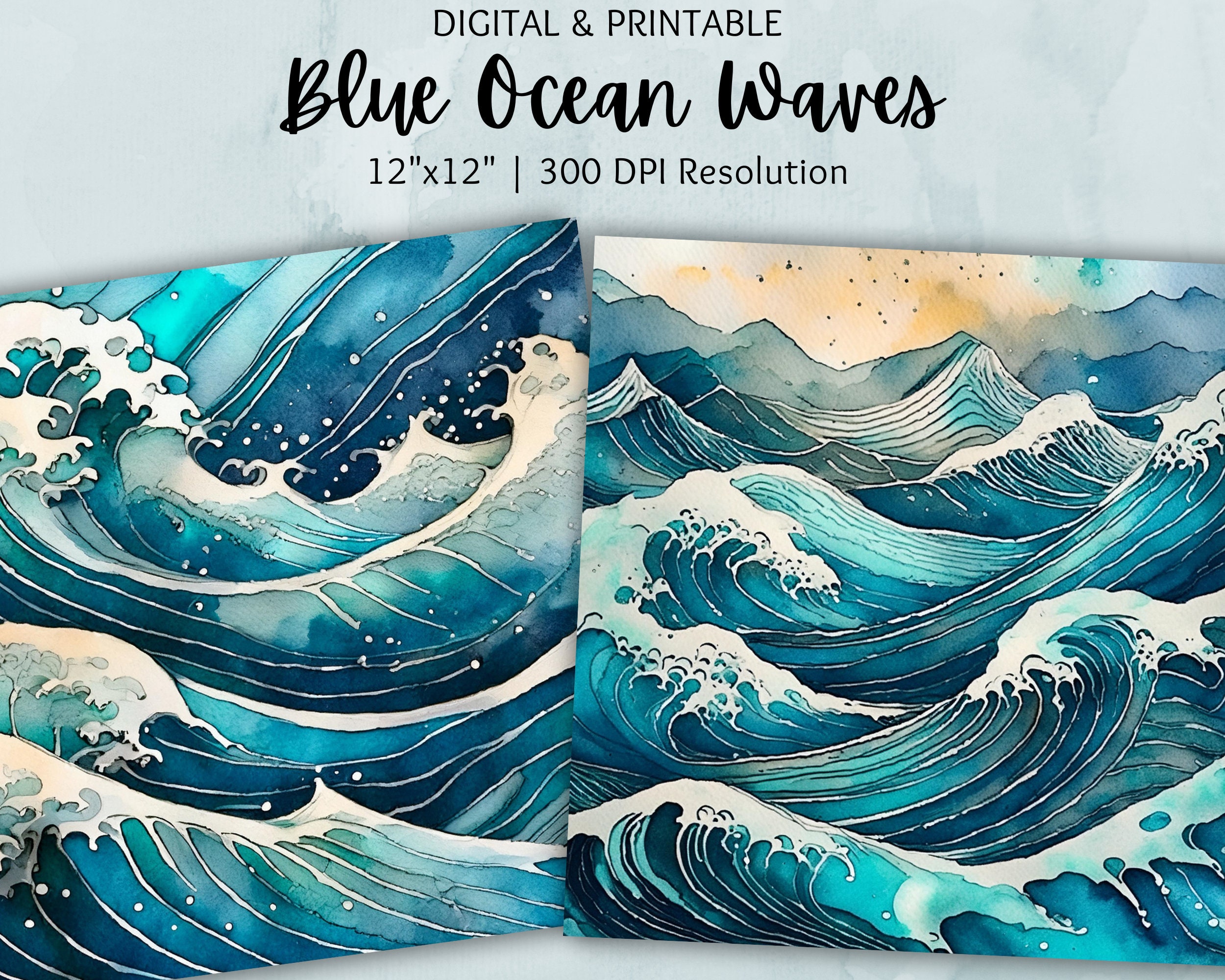 Watercolor Blue Ocean Waves Digital Paper | Watercolor Texture ...