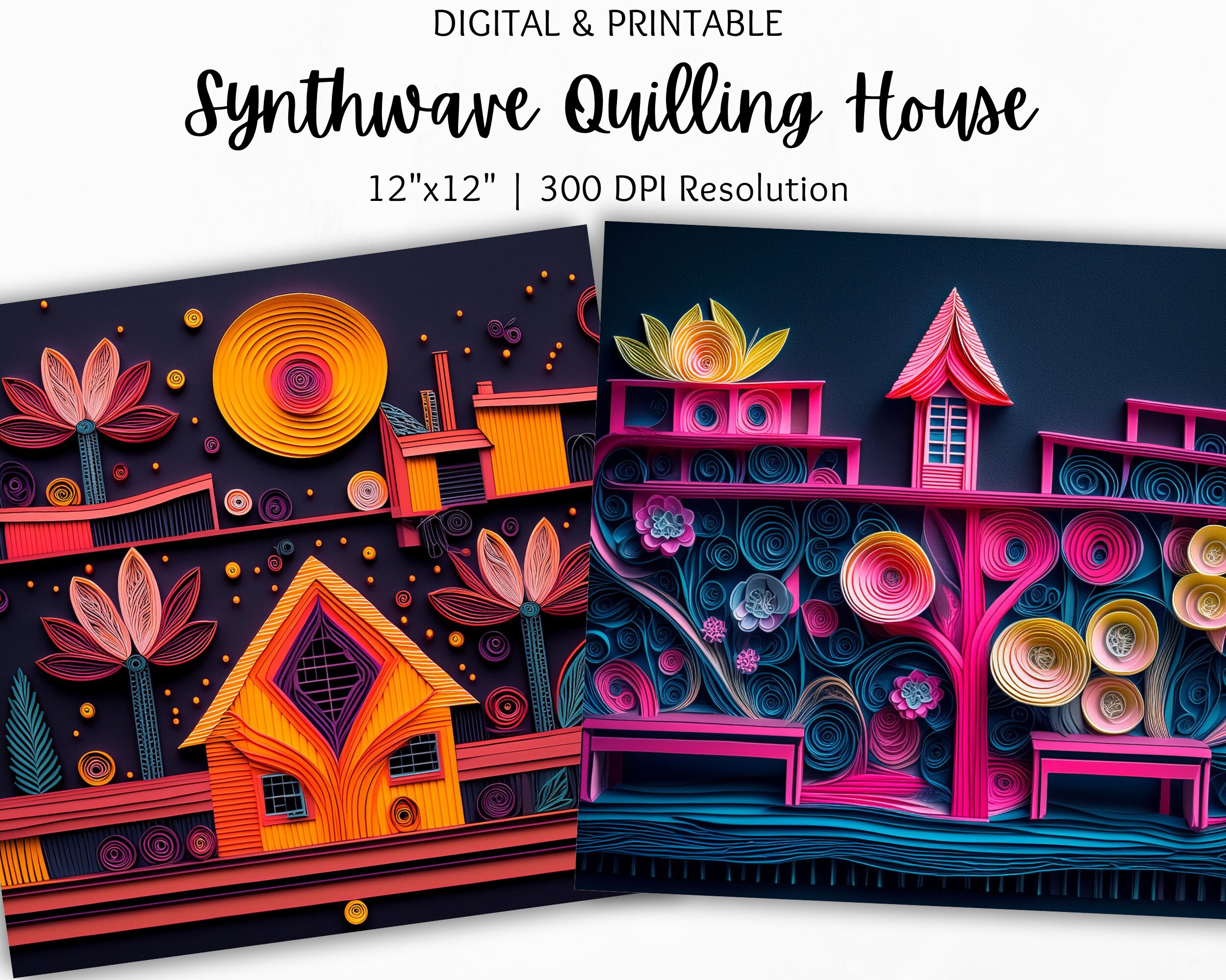 Synthwave Quilling Mid Century Houses Paper Art | Digital Downloads ...