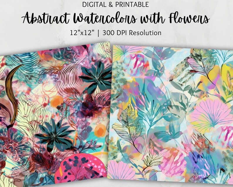 Abstract Watercolor Flowers Digital Paper Pack | Commercial Use ...