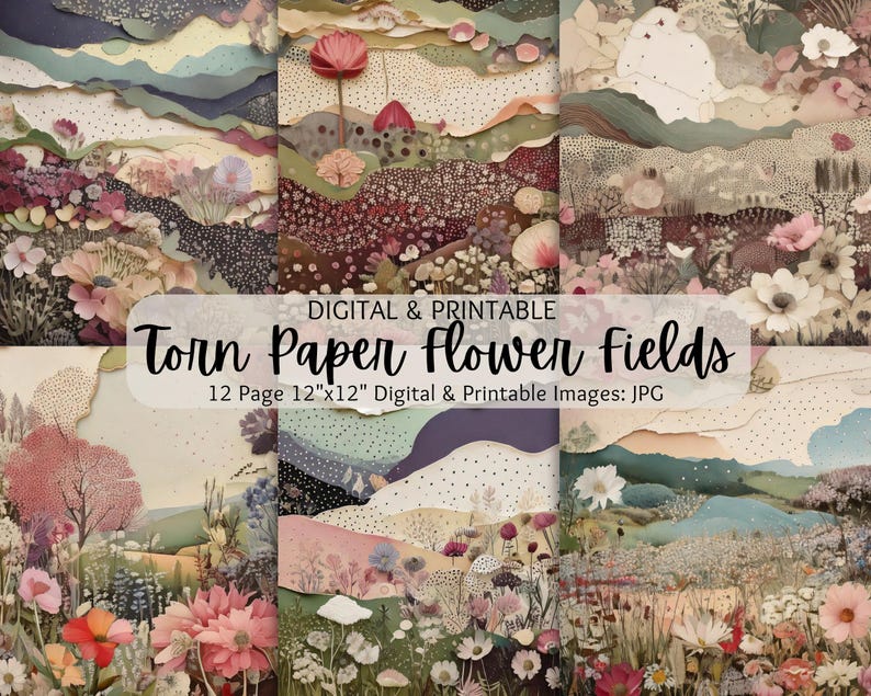 Torn Paper Muted Flower Fields | Deckle Paper Flower | Floral ...