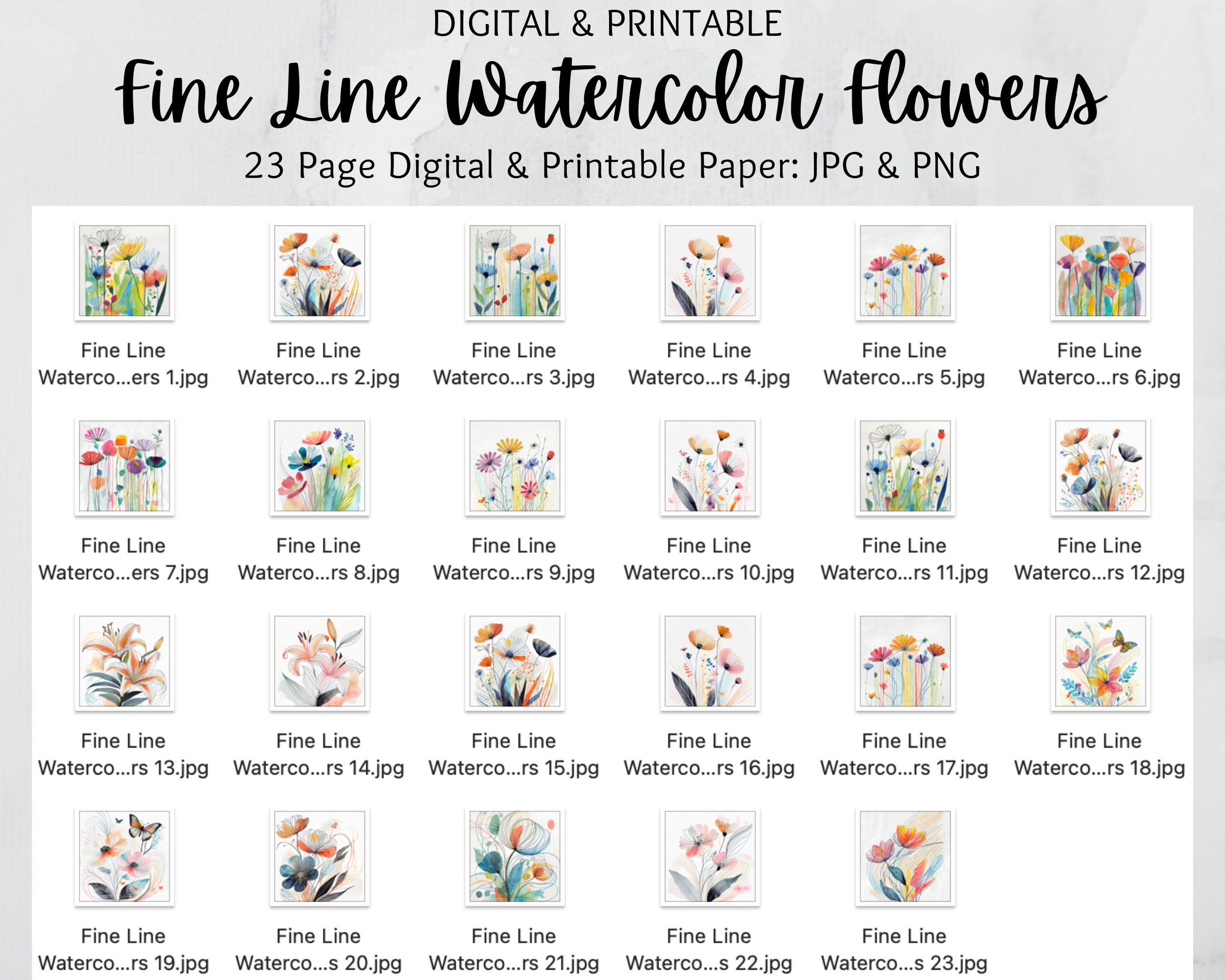 Fine Line Watercolor Flowers Digital Paper Pack | Commercial Use ...