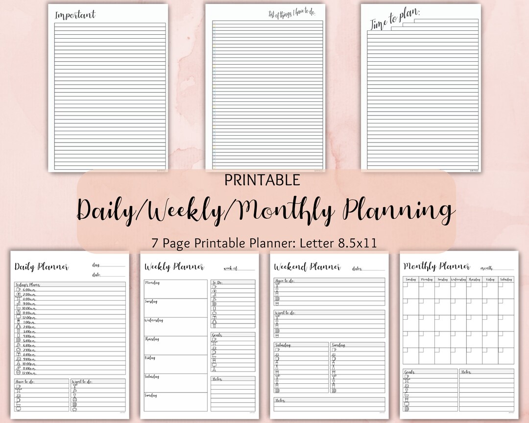 Daily, Weekly, Weekend, Monthly Planner Bundle Printable | Letter ...