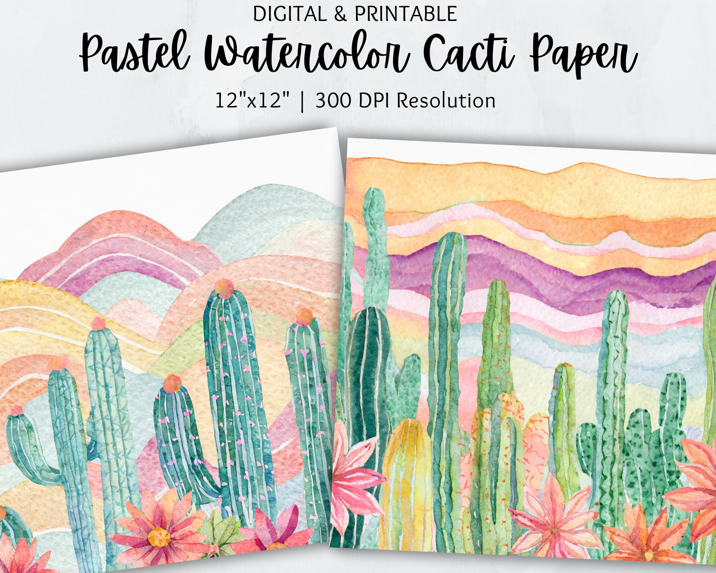 Pastel Watercolor Cacti Digital Paper Pack | Watercolor Cactus ...