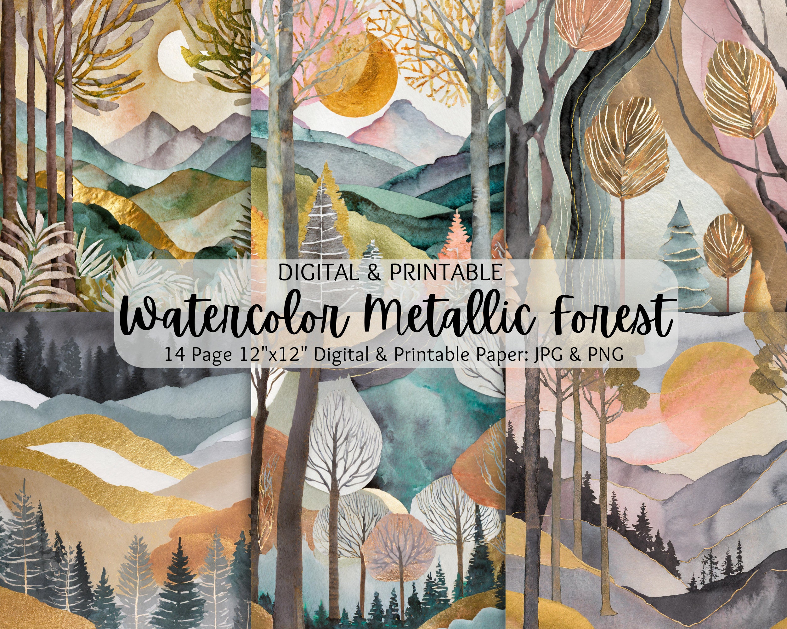 Watercolor Metallic Forest Trees Paper Art | Digital Downloads ...
