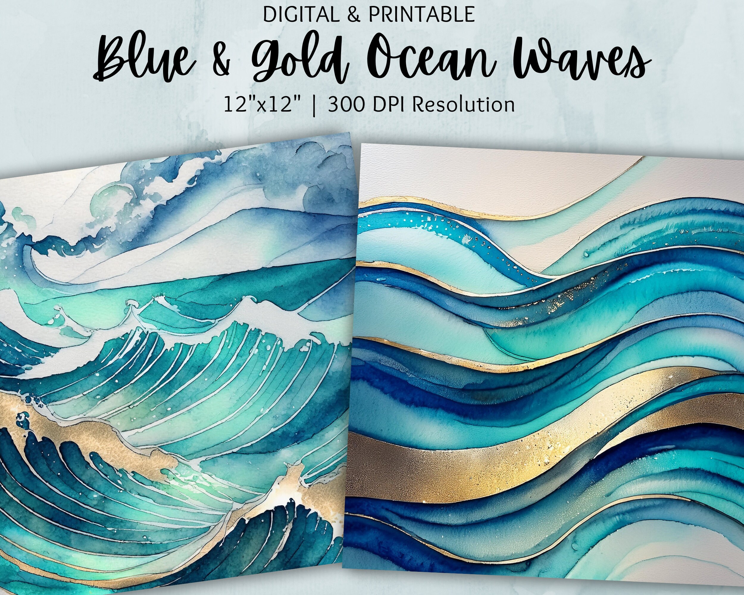 Ocean Waves Digital Paper | Blue & Gold Metallic Watercolor Ocean Waves ...