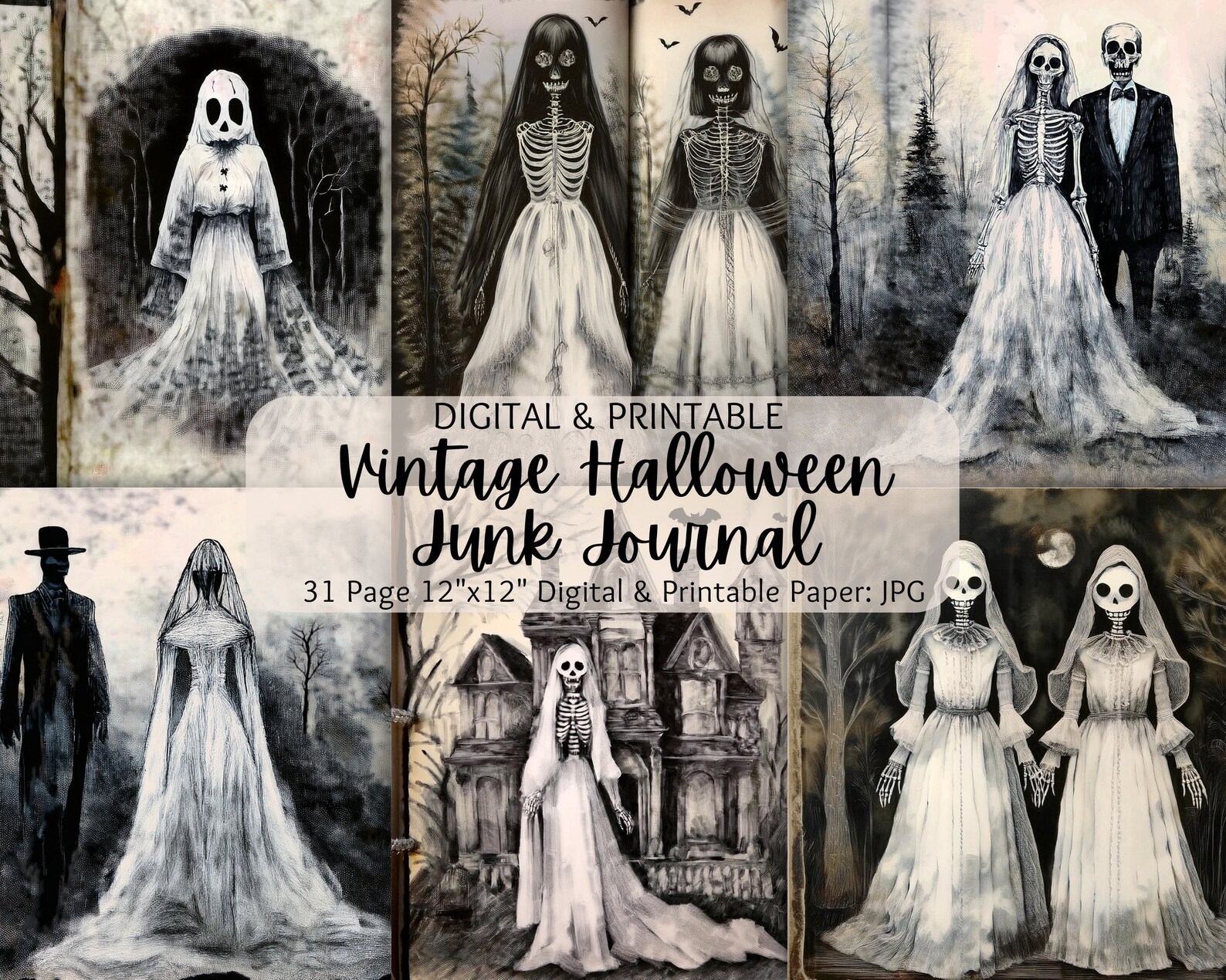Vintage Halloween Junk Journal Kit | Skeleton Bride and Groom ...