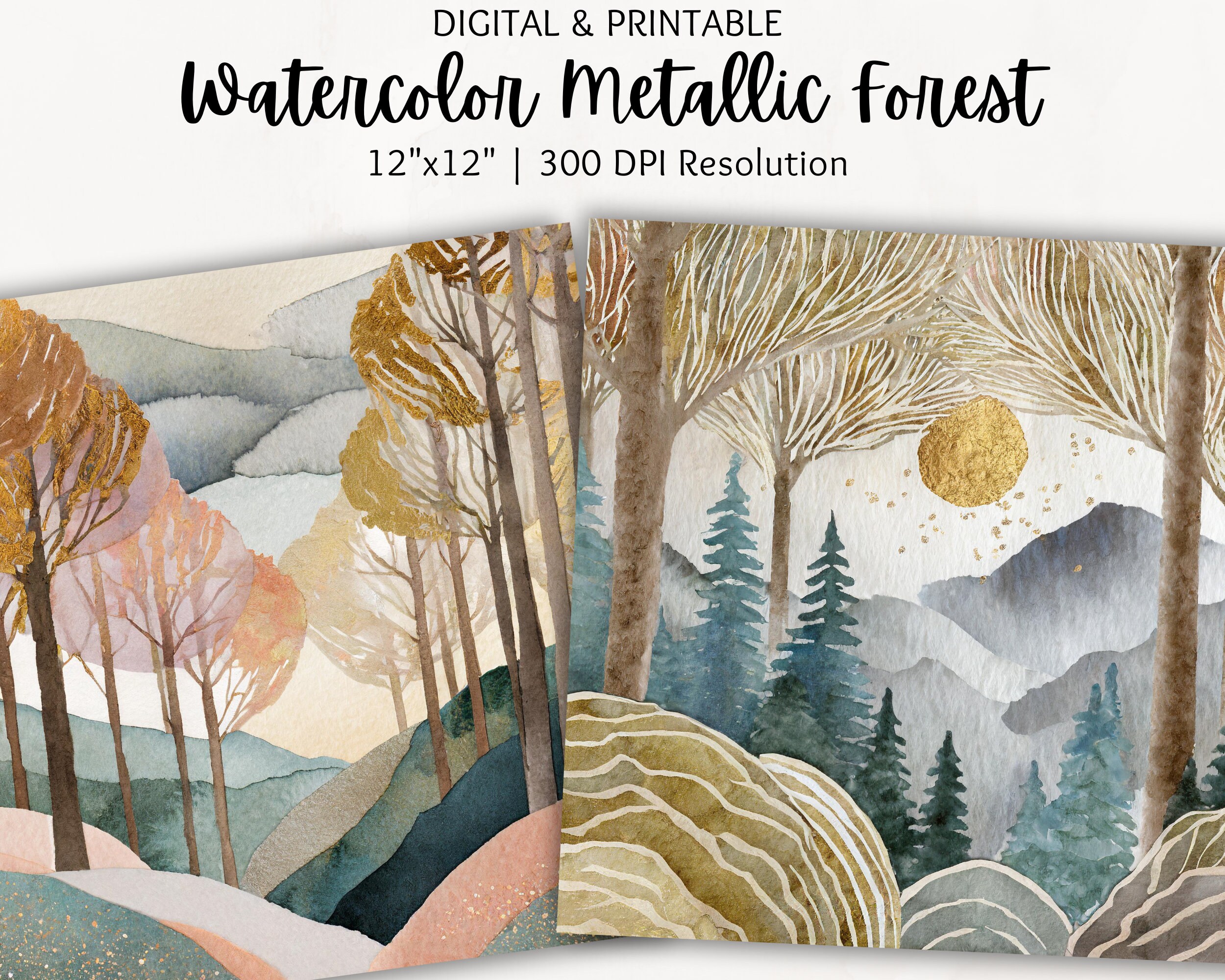 Watercolor Metallic Forest Trees Paper Art | Digital Downloads ...