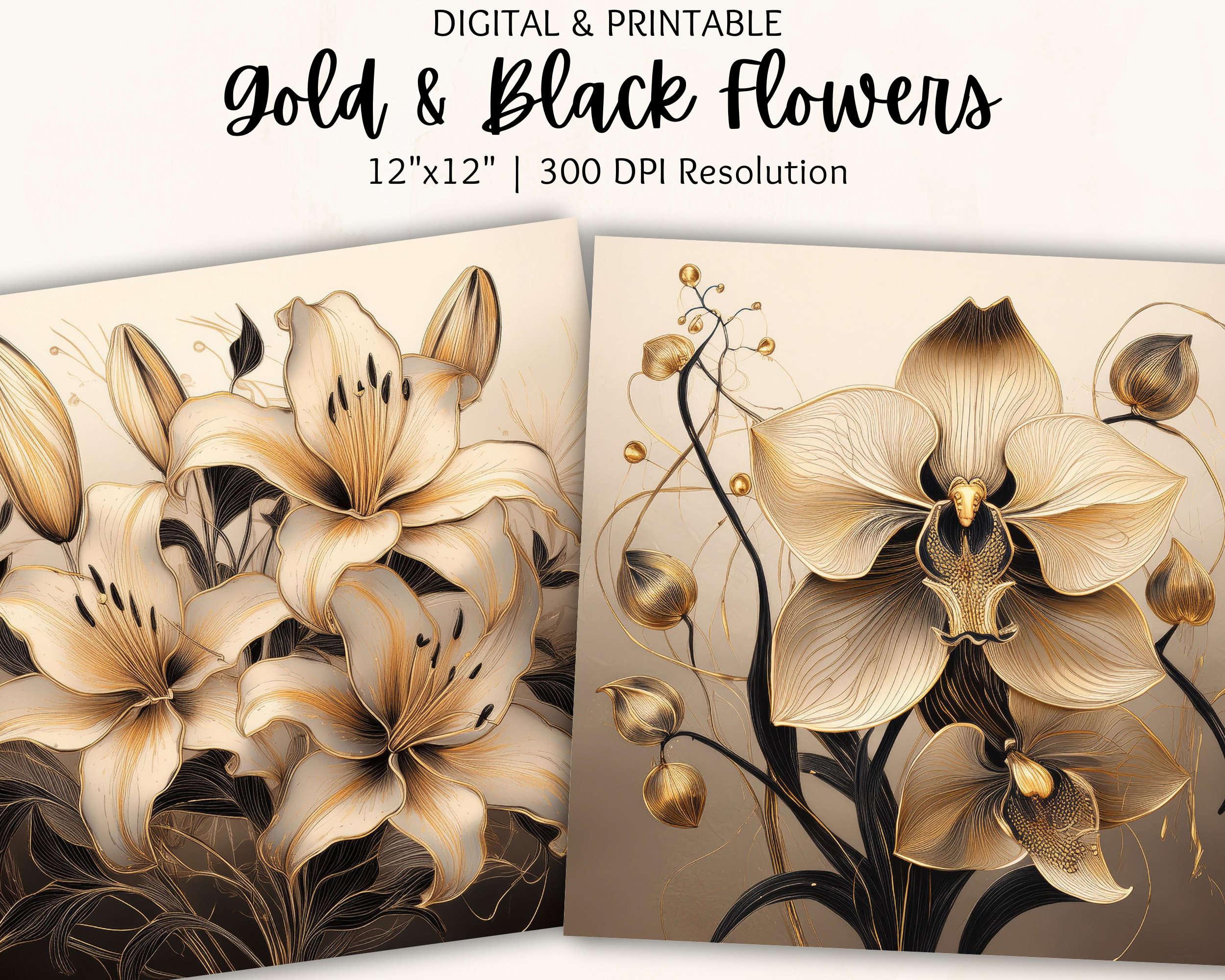 Gold, Ivory, & Black Watercolor Flowers Digital Paper Pack | Watercolor ...