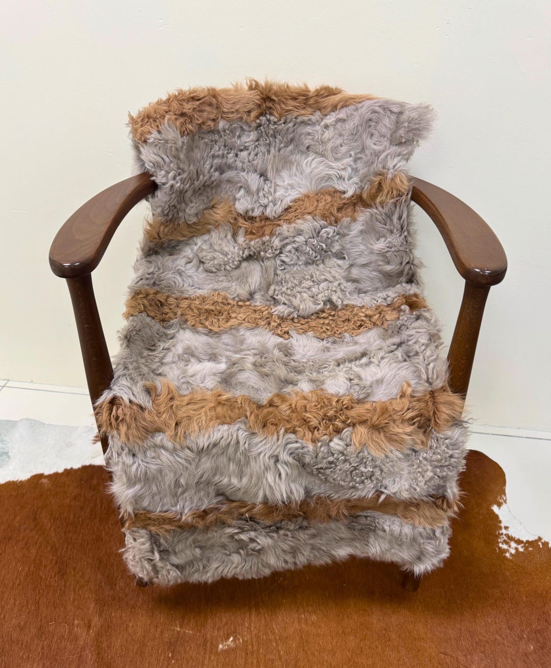 Grey Color and Brown Striped Sheep Fur Cover, Curly Sheep Fur, Natural ...