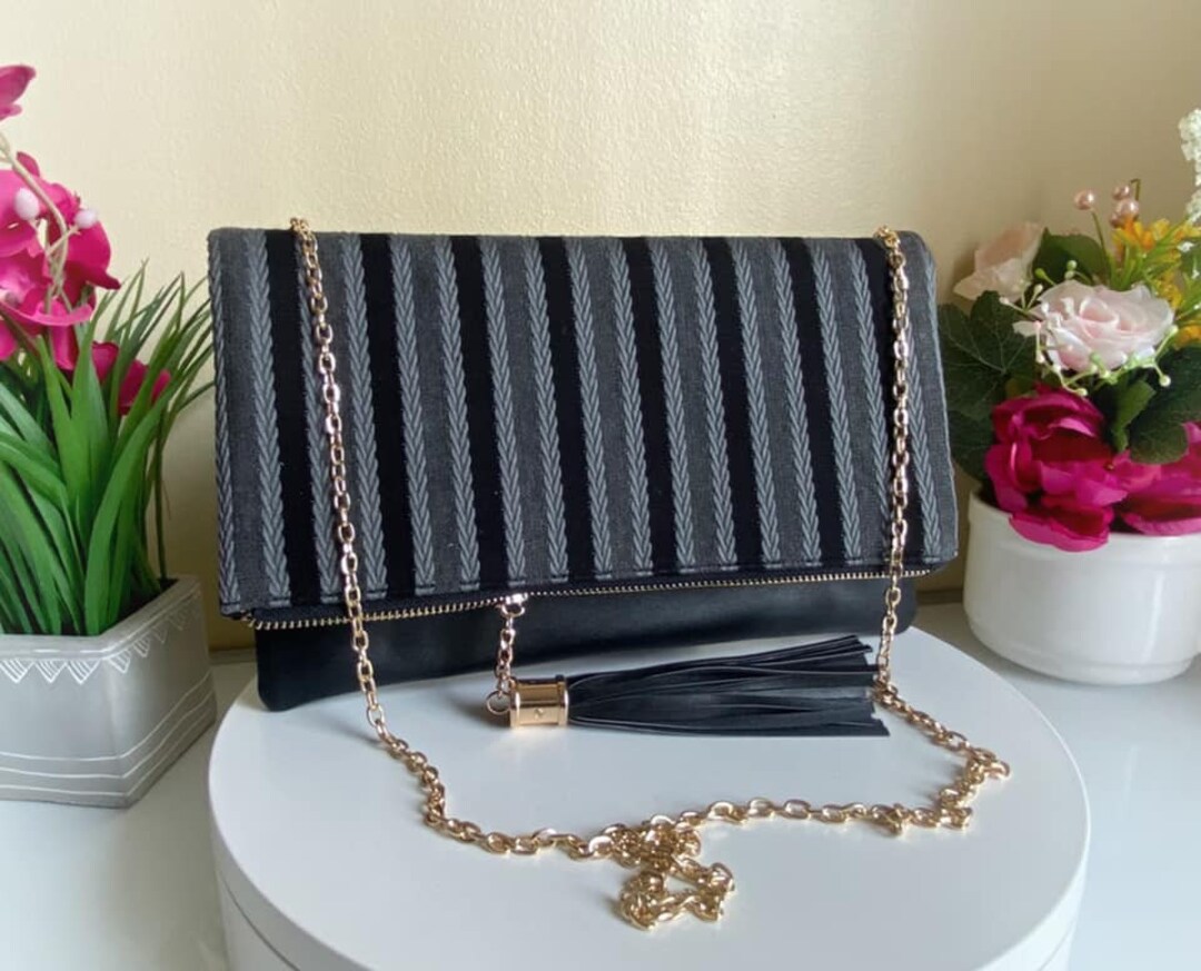 Fold Over Clutch/ Purse With Stripes Top and Chain Strap/ Black Vegan ...