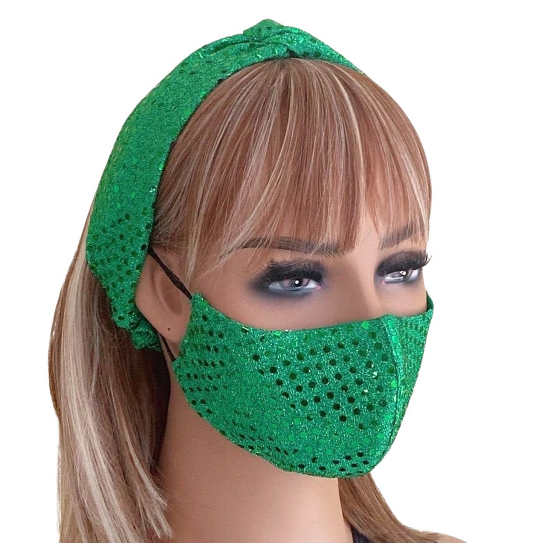 Sequin headband with face mask/Green sequin headband with mask/Fashion ...