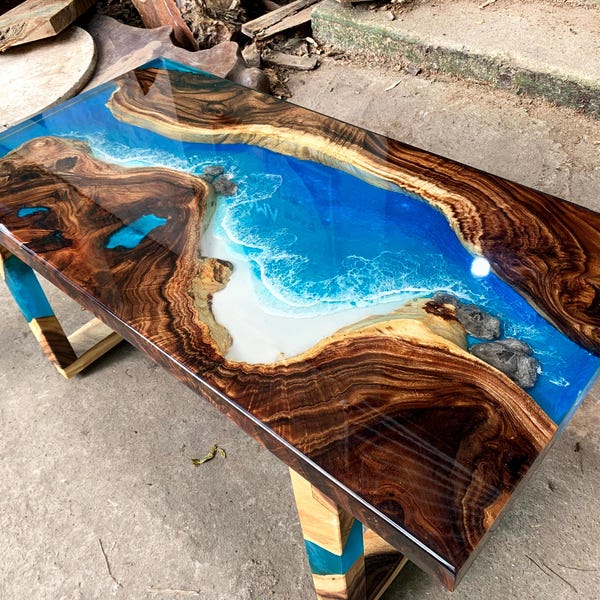 Personalized Ocean Epoxy Resin Table Top, Handmade Ocean Dining Table ...