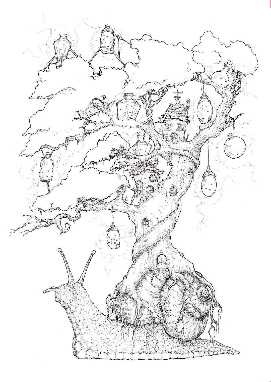 Snail Tree Fantasy Art | Digital Download | A4 Ink Drawing Artwork ...