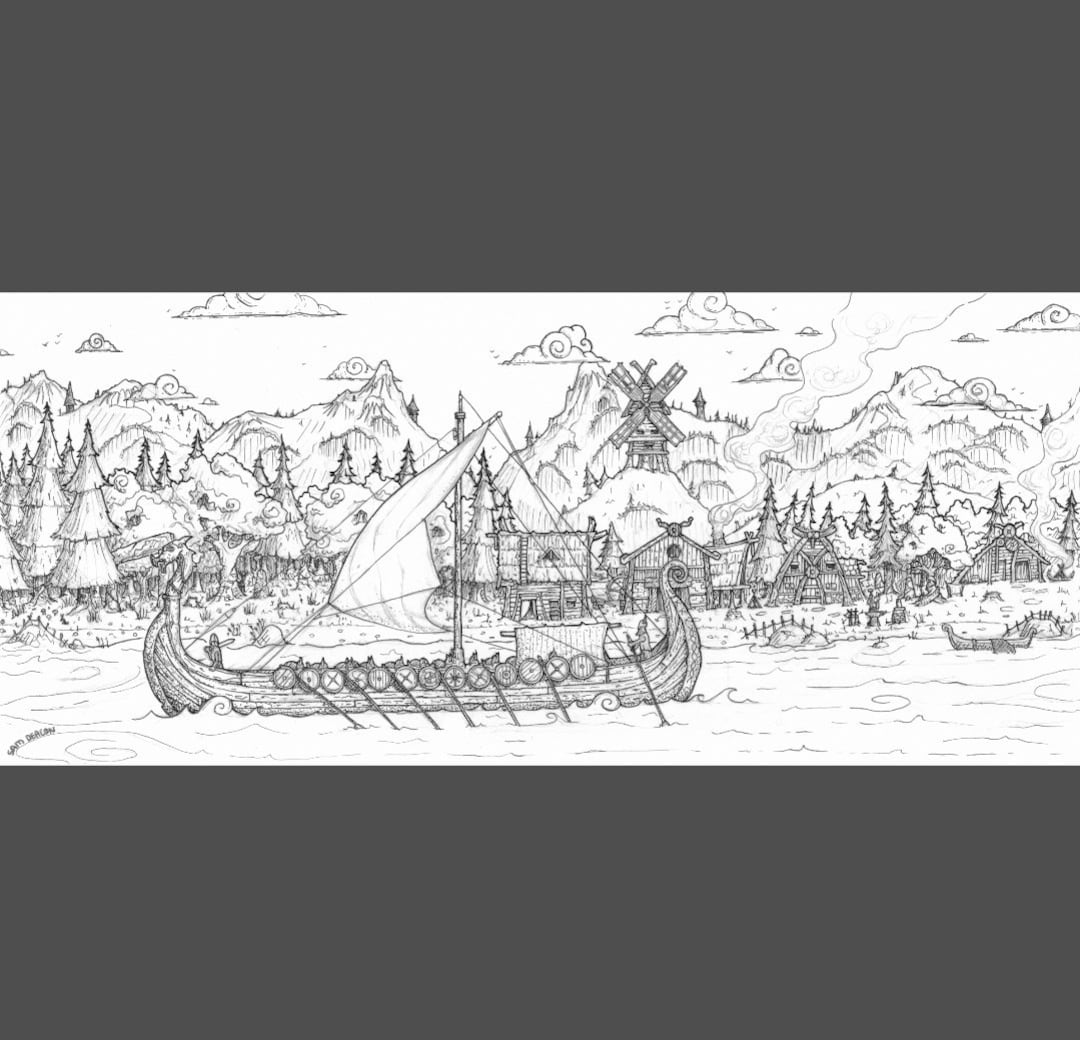 Viking Longship Village Drawing | Digital Download Print (/colouring ...