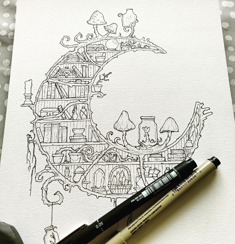 Moon Library Original Artwork by Sam Deacon Art - Etsy