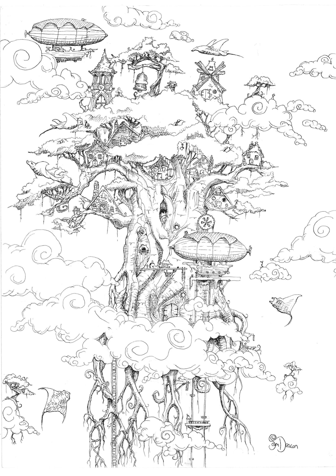 Sky Frontier | Digital Download | Fantasy Steampunk Ink Drawing - Etsy