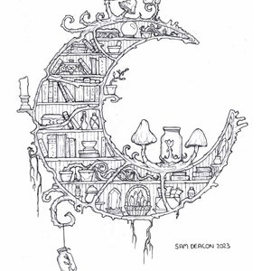 Library Moon Tattoo Ticket, Moon Design, Fantasy Artwork, Ink Drawing ...