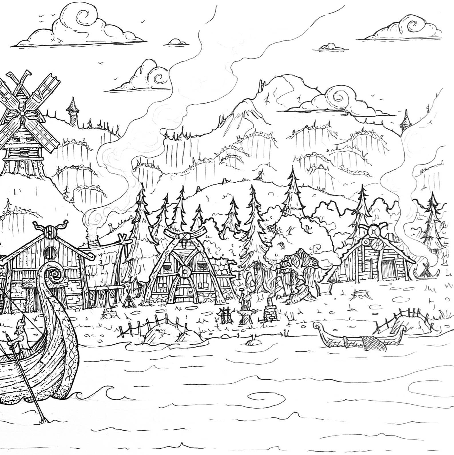 Viking Longship Village Drawing | Digital Download Print (/colouring ...