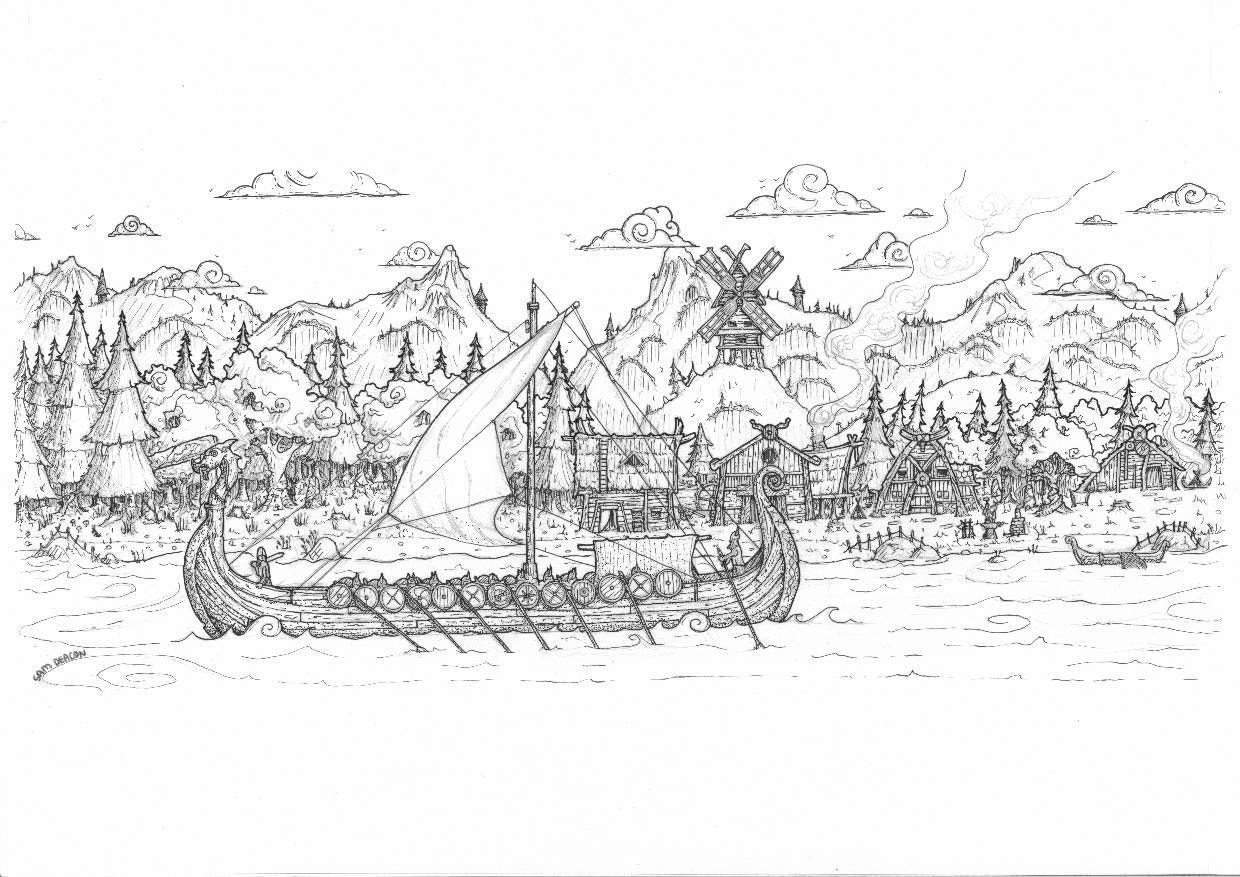 Viking Longship Village Drawing | Digital Download Print (/colouring ...
