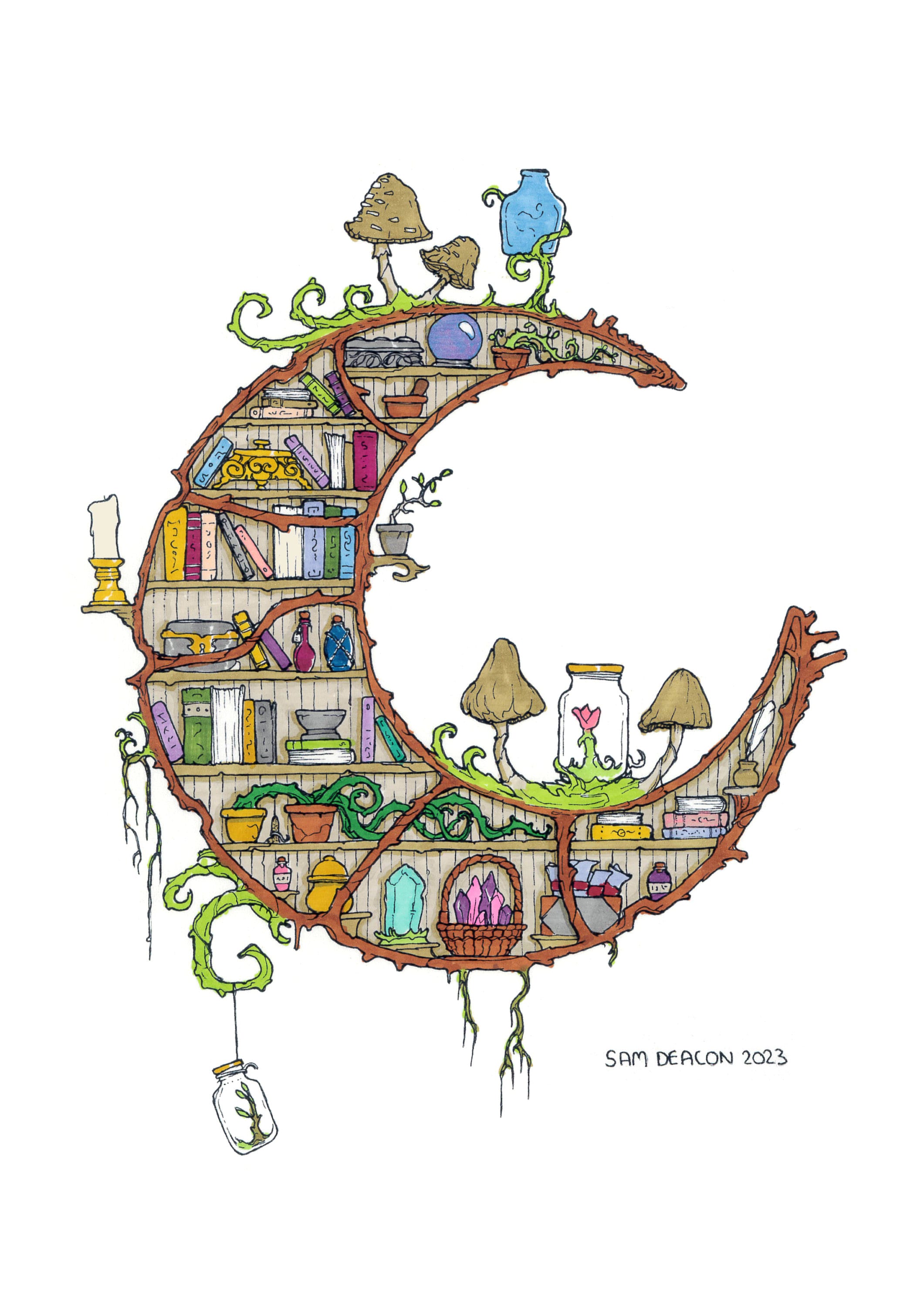 Library Moon COLOUR Digital Download Fantasy Drawing - Etsy UK
