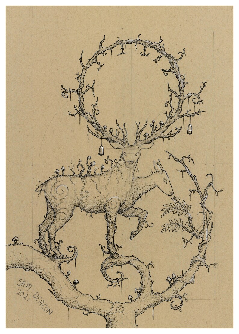 Duality | A4 Print, Deer Forest Spirit Art, Fantasy Artwork Prints, Ink ...