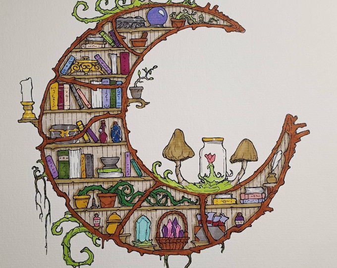 Library Moon (COLOUR) | Digital Download, Fantasy Drawing, Moon Design ...