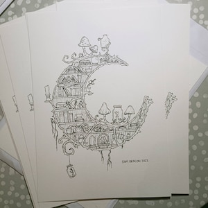 Moon Library A4 Print Free Colouring Page Fantasy Art, Cottagecore Art ...