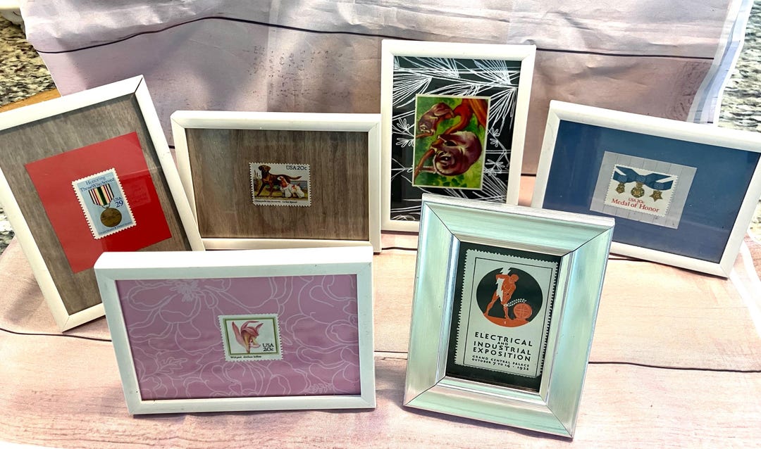Vintage Postage Stamps Framed- Electrician,dogs, Flowers, Military ...