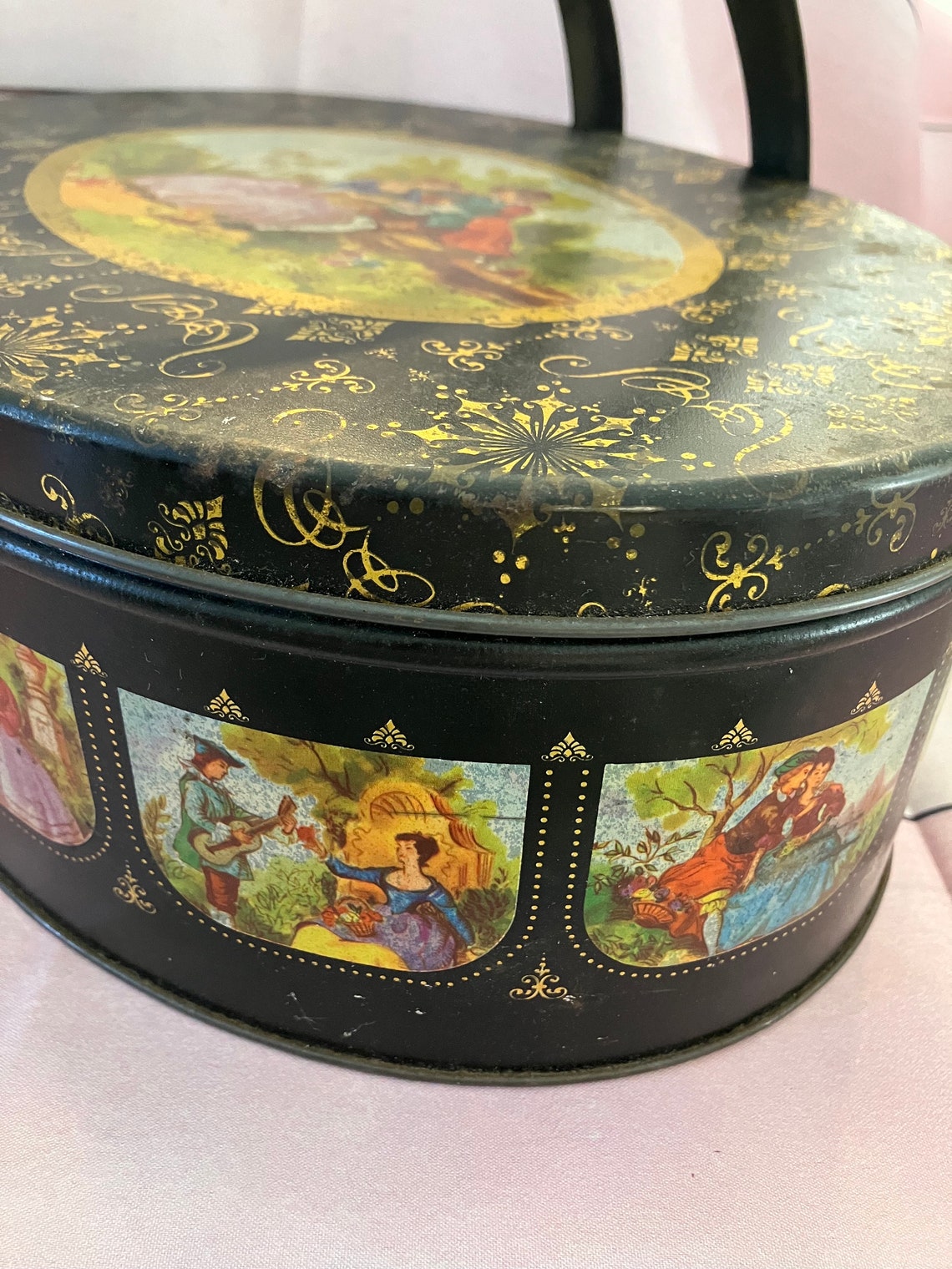 Vintage Two Handle Tin for Storage, Lunchbox, Sewing Romantic Victorian ...