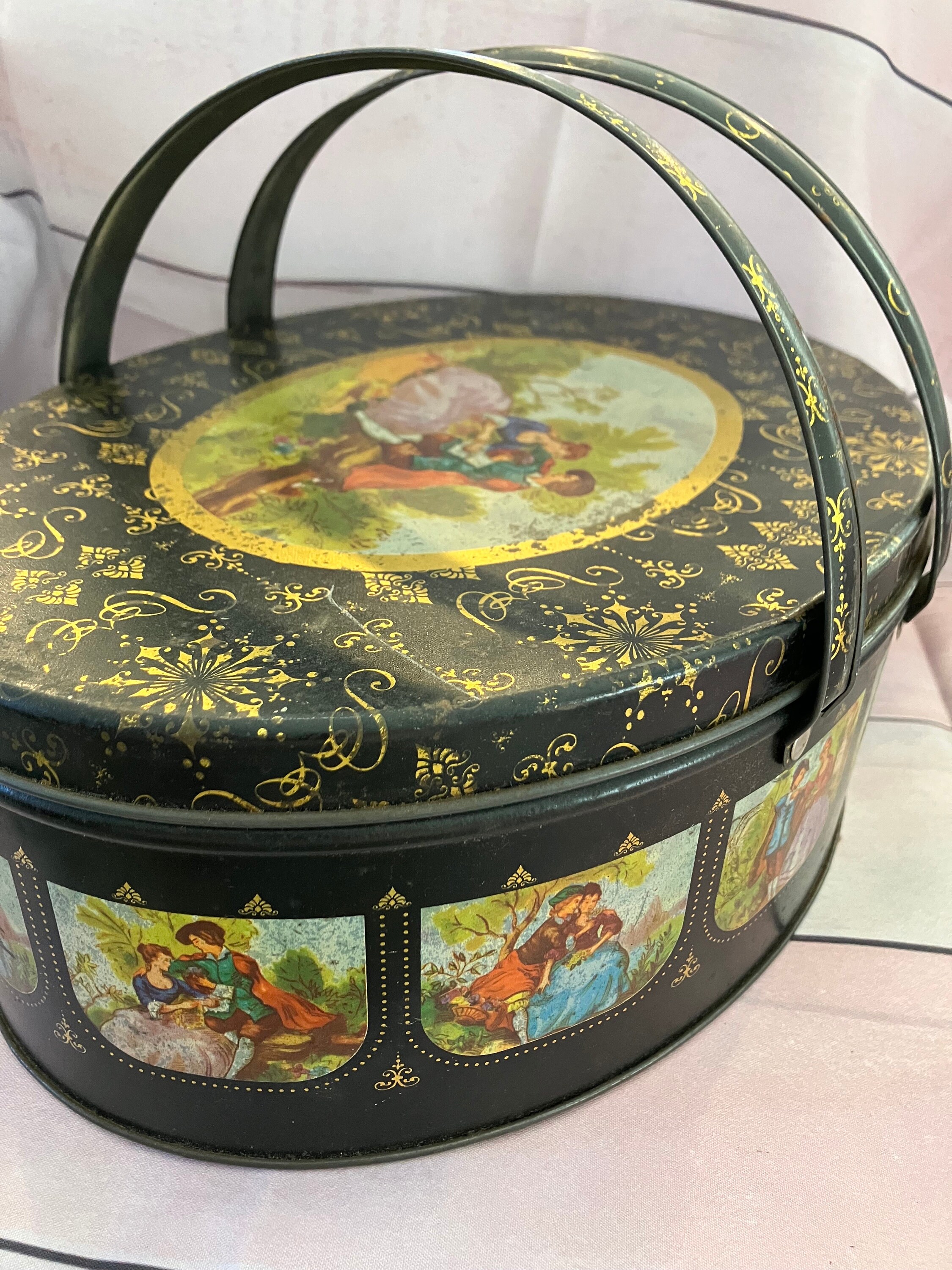 Vintage Two Handle Tin for Storage, Lunchbox, Sewing Romantic Victorian ...