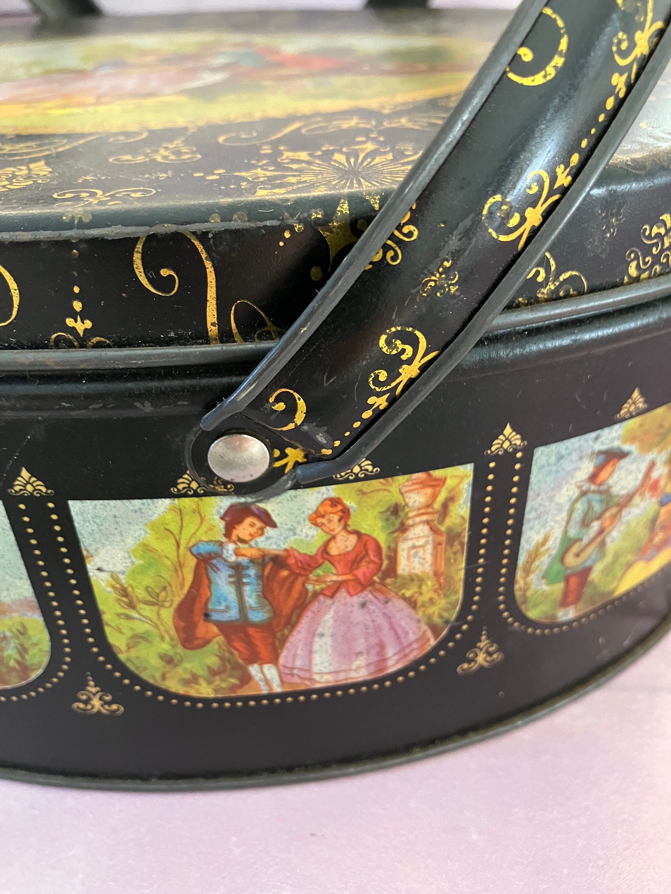 Vintage Two Handle Tin for Storage, Lunchbox, Sewing Romantic Victorian ...