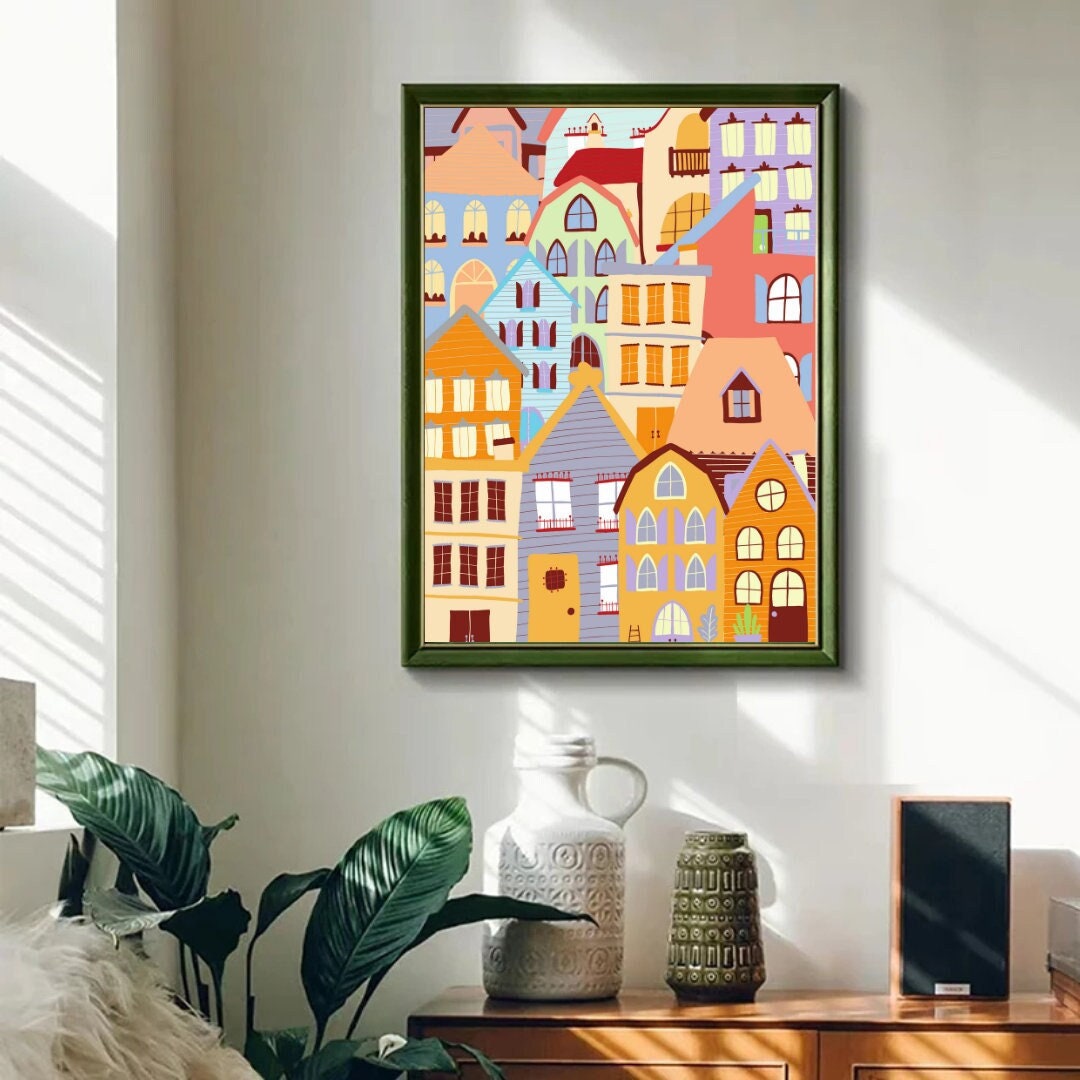 Colorful Houses Wall Printable Art Retro Colors Houses Print Living ...